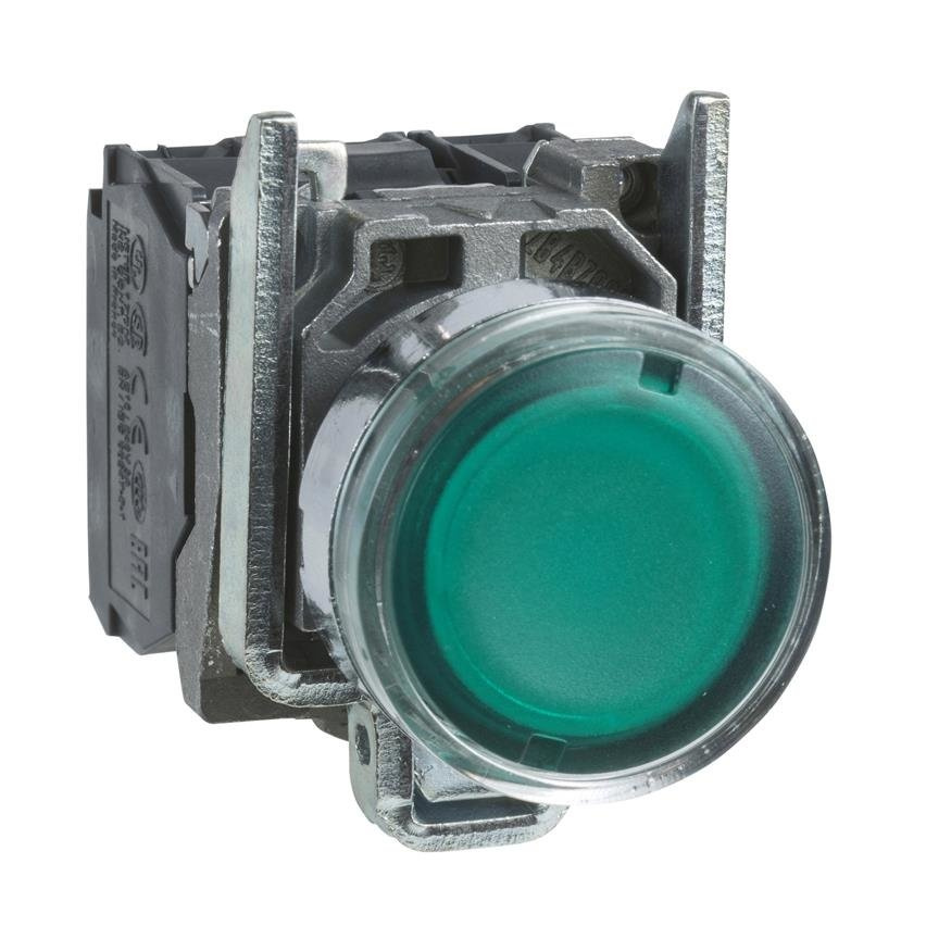 Buton luminos verde, incastrat complet Ø22 cu revenire cu arc 1NO+1NC ...